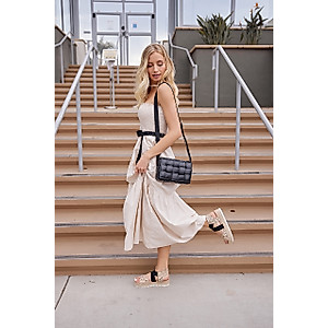 Olivia Miller Women Quilted Woven Black Faux Vegan Leather Front Flap Cassette Crossbody Shoulder Bag Adjustable Shoulder Strap Chic Square Designer Casual Purse Handbag