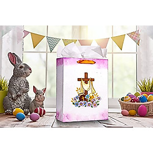 SICOHOME Easter Gift Bag with Handle 13" Religious Gift Bag with Tissue Paper and Greeting Card Baptism Gifts Bag Gift Wrapping Bags for Party Favor Bags for Easter Christenings Baptism First Communions Confirmations or Religious Party