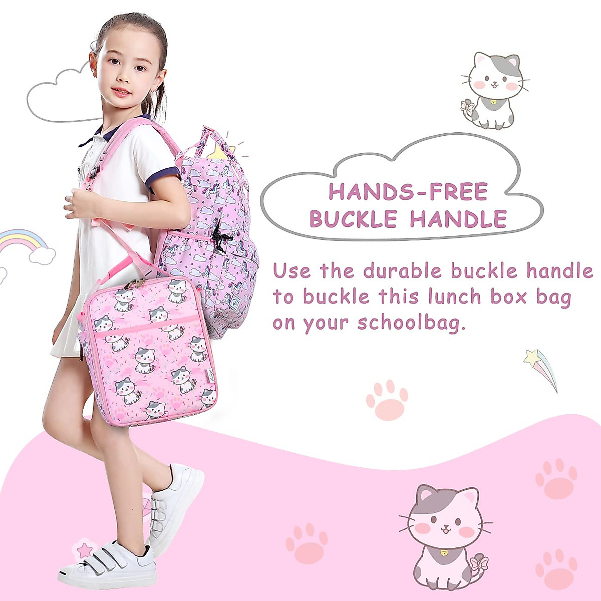 Kasqo Lunch Box Bag for Girls, Insulated Cute Lunch Bag with Shoulder strap Water Bottle Holder Mini Cooler Thermal Meal Tote Kit for Kids, Pink Kitten