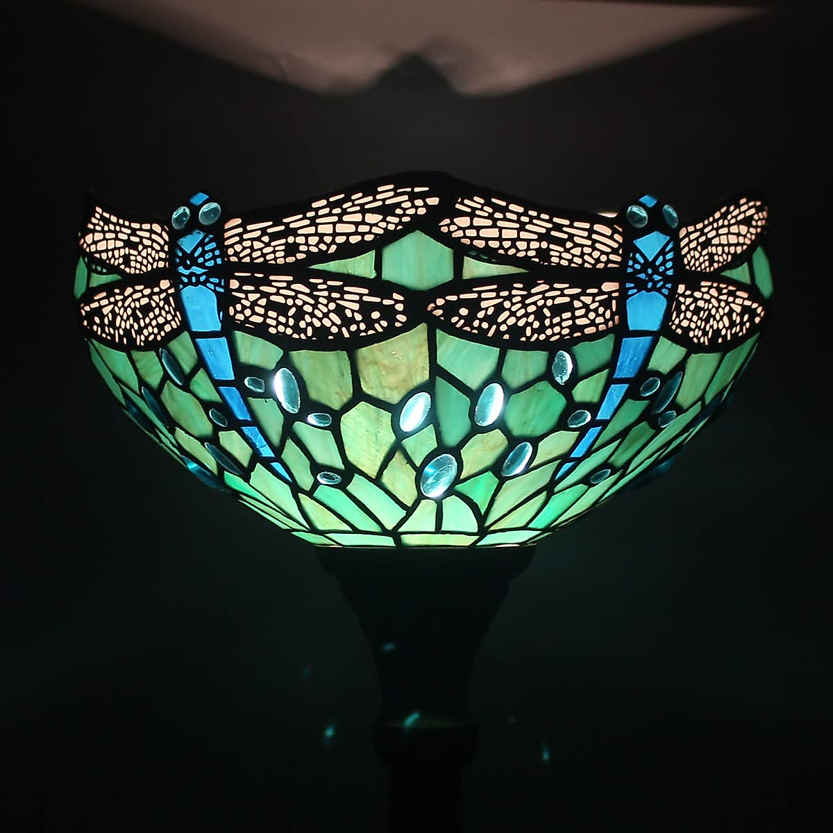 ZJART Tiffany Floor Lamp Torchiere Stained Glass Torch Lamp 12X12X67 Inch Antique Standing Corner Light (Green Dragonfly)