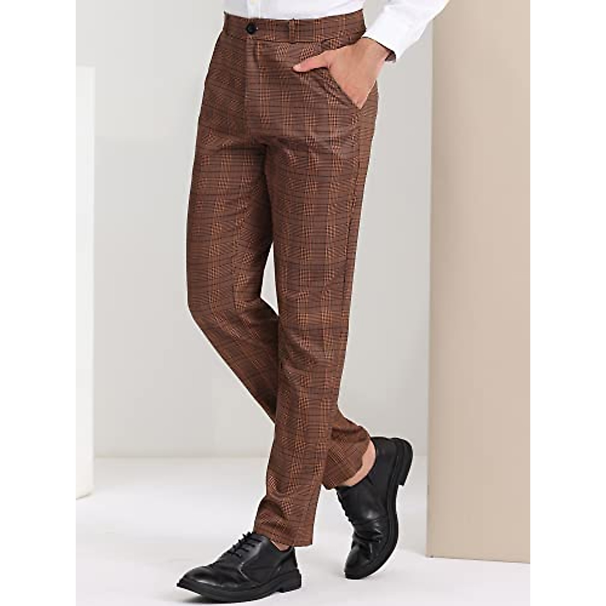 Lars Amadeus Men's Brown Plaid Dress Pants Straight Leg Flat Front Business Formal Checked Trousers 36