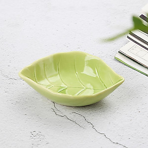 WAIT FLY Leaves Shaped Pattern Ceramic Seasoning Dishes/Tea Bag Holders/Ketchup Saucer/Appetizer Plates/Vinegar Spice Salad Soy Sushi Wasabi Seasoning Dipping Bowls-Green-4 PCS