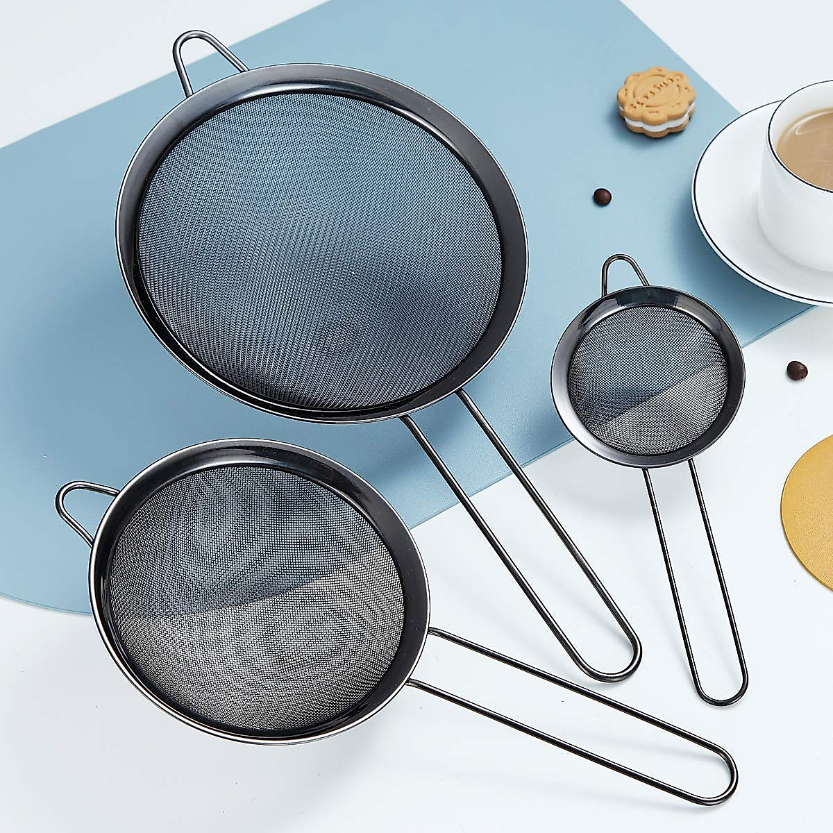 Kyraton Black Fine Mesh Strainer 3 Pieces Set, Flour Sifter For Baking, Stainless Steel Clander, Matcha Tea Strainer, Gravy Separator, Stasher Sieve Pasta Strainers