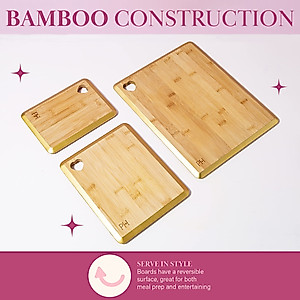 Paris Hilton Reversible Bamboo Cutting Board Set with Heart Shaped Cut-Out Design, Glamorous Gold Edge Detail and Multiple Board Sizes, 3-Pieces, Gold
