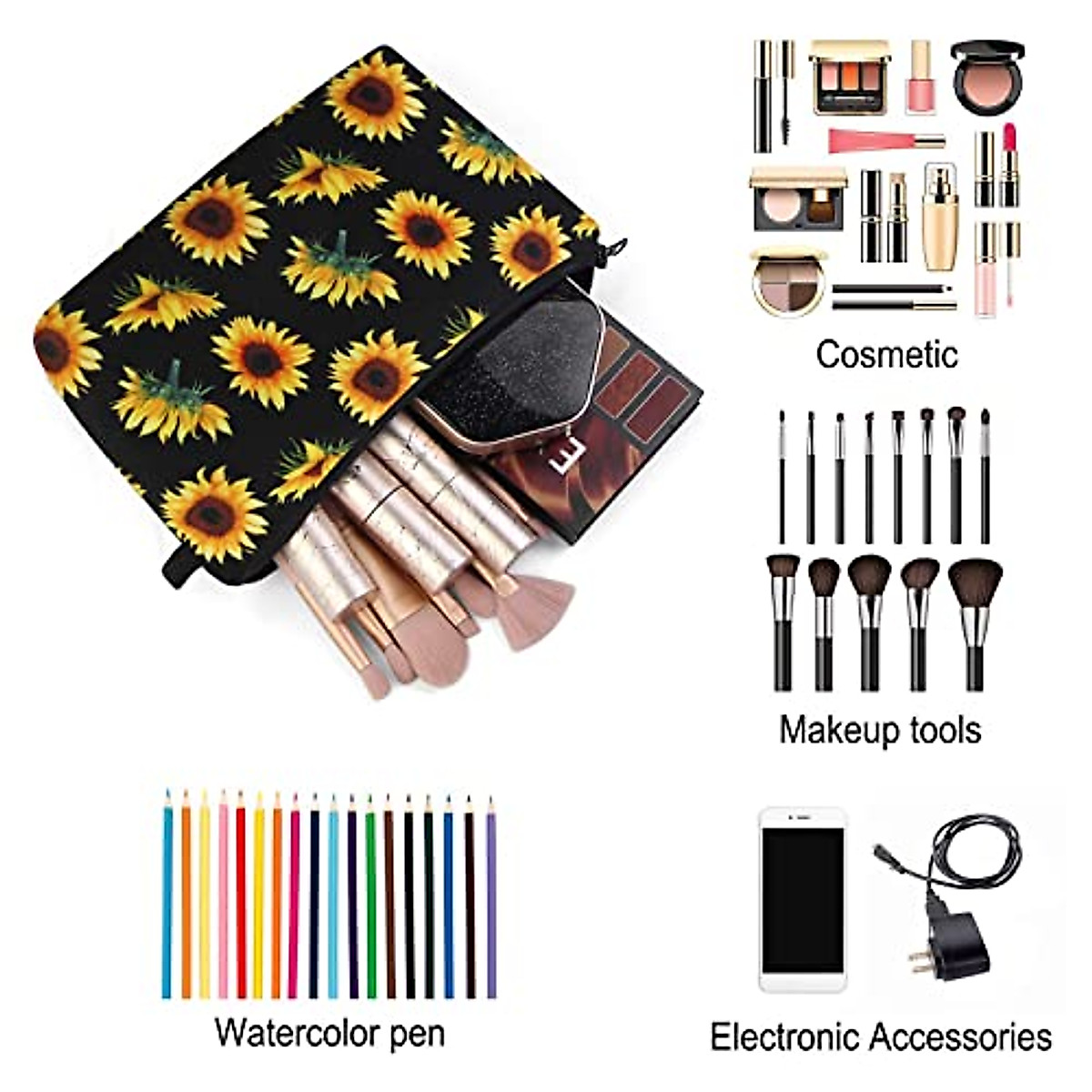 MAGEFY Sunflower Makeup Bag for Women, Portable Travel Cosmetic Bag with Black Zipper Pouch Waterproof Makeup Pouch Multifunctional Small Bag for Women (1 pack, sunflower 0173)