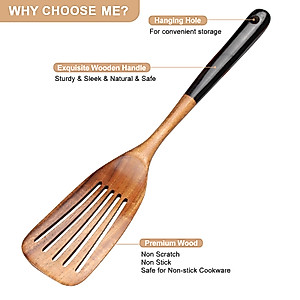 2 Pcs Best Wooden Spatula Set for Cooking Kitchen Slotted Turner Spatula Flat Wood Wok Spatula Non Stick Cooking Utensils for Frying Mixing Teak Fish Spatula Turner Black Egg Flipper Spatulas