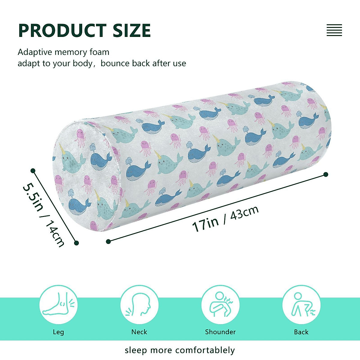 Vnurnrn Jellyfish Whale Narwhal Neck Support Pillow Round Neck Roll Bolster Cylinder Pillow Cervical Pillows Memory Foam Pillow for Leg Knee Back Head Support for Study Work Men Women
