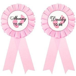 2 Pieces Daddy and Mom Be Tinplate Badge Pin Gender Reveal Button Pins New Daddy Mom Gifts for Baby Shower Party Celebration (Pink)