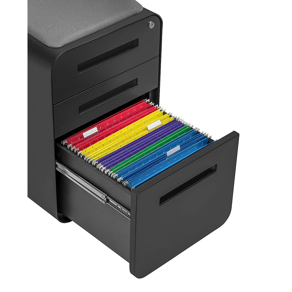 Laura Davidson Furniture STOCKPILE Curve Seated 3-Drawer Mobile File Cabinet with Removable Magnetic Cushion Seat - Metal Filing Cabinet, Pre-Assembled, White with Light Grey Cushion