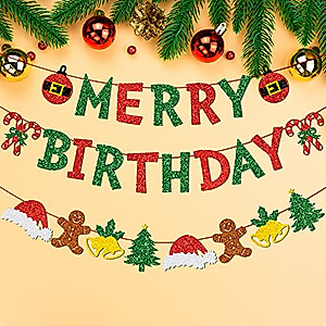 Christmas Birthday Decoration Set,Glitter Merry Birthday Banner,Santa Tree Merry Birthday Cake Topper and 30pcs Christmas Balloons for Christmas Birthday Party,Winter Holiday Baby Shower Birthday Party Decor