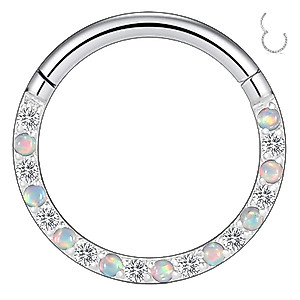 Uzgtvy 16G Opal Hinged Septum Rings Piercing Jewelry Clicker 316L Surgical Stainless Steel Seamless Segment Cartilage Helix Rook Daith Earring Lip Septum Nose Rings Piercing Jewerly Women Men Silver
