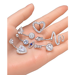Akeoqi 14G Belly Button Rings for Women Dangle Cute Snake Round/Love Heart Devil Heart Clear Cubic Zirconia Navel Rings Body Piercing Jewelry Pack