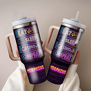 WAZONE Personalized Casino Tumblers Custom Name Travel Cup Insulated 40oz Tumbler with Handle and Straw Stainless Steel Sayings Double Wall Vacuum Mug Christmas Birthday Funny Gifts For Men