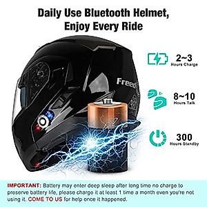 FreedConn Motorcycle Bluetooth Helmet BM2-S Flip Up Modular Bluetooth Motorcycle Helmet Voice Dial Hands-Free Call 500M 2-3 Riders MP3 FM DOT Motorcycle Helmet with Bluetooth 3.0 (Large, Gloss Black)