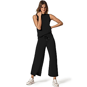 SAMPEEL Two Piece Set for Women Casual Lounge Sets Summer Outfits Matching Sets Women Clothing Business Casual Vacation Travel Outfits Wide Leg Crop Pants Mock Neck Tops Set Black 2025 M