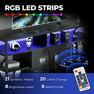 GreenForest TV Stand for 65 Inch TV, LED Lights Entertainment Center with Grid Cabinets for Living Room, 58 inch Television Stands TV Cabinet with 21 Dynamic RGB Modes, Black