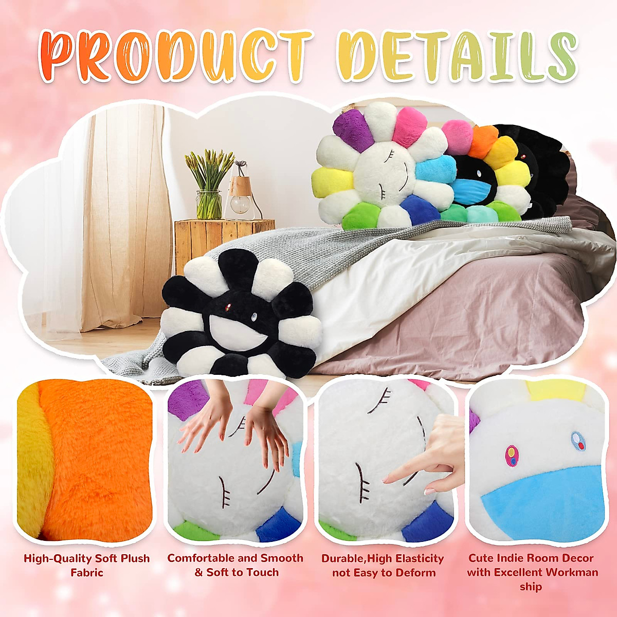 SNEPOO Smile Face Plush Rainbow Pillow, Colorful Sunflower Soft & Comfortable Plush Throw Pillow for Home Reading Bedroom Shop Restaurant Decor (Black and White, 23.6 Inches)