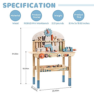 ROBOTIME Kids Tool Bench Set- Large Wooden Work Bench Construction Toys, Workshop w/Kid Toys Tool Set (41 Pieces) for Toddlers Boys Girls Age 3 4 5 6 7