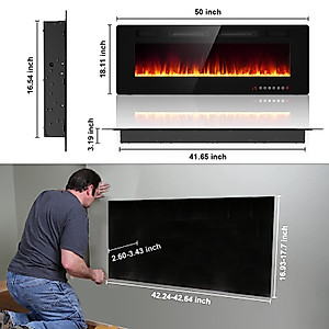 BREEZEHEAT 50 inch Electric Fireplace Wall Mounted/Freestanding-Ultra Thin Fireplace Inserts for Living Room with Double Heat Vent, Remote Control, Touch Screen, Led Flame, 8H Timer, 750w/1500w