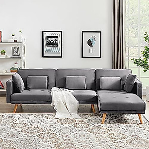 Penifun L Shaped Couch Sectional Sofa 3 seat Set for Living Room, 104.5" W 3 Seater Right Chaise Lounge, Convertible Folding Futon Bed Sleeper with 3 Pillows & 3 Backrest Settings-120°/150°/180°, Gray