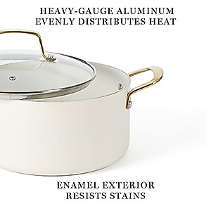 Martha Stewart Lockton Premium Nonstick PFA Free Ceramic Interior 10 Piece Heavy Gauge Enamel Aluminum Pots and Pans Cookware Set - Linen White w/Gold Handle