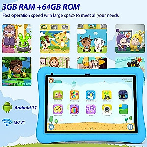 Aheadthink Kids Tablet, 10 inch Tablet, 64 + 512gb ROM Expansion Android 11 Kids BT, WiFi, GMS, Parental Controls, EVA Shockproof Case, Education, Games. (Blue Case)
