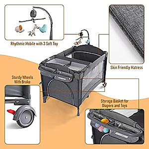 Jaoul Baby Bassinet Bedside Sleeper Baby Crib, Pack and Play with Bassinet and Changing Table, Portable Travel Baby Playpen with Bassinet Toys & Music Box, Mattress for Girl Boy Infant Newborn Gray