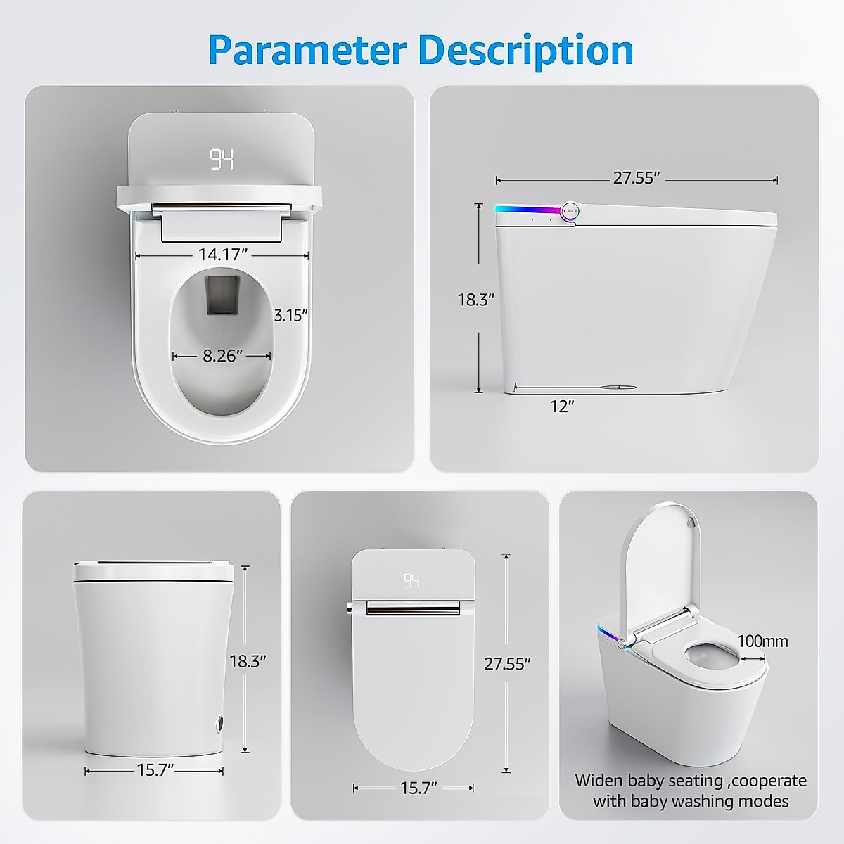 Tankless Smart Toilet with Built-In Bidet, Heated Seat, Warm Water and Dry, Simple Installation, with Foot Sensor and Night Light, Auto Flush, Auto Open & Close Lid, Wireless Remote Control