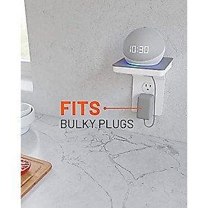 ECHOGEAR Outlet Shelf (White/Grey) - Next-Gen Design with Built in-Cord Storage & Room for Bulky Plugs - Works with Both Standard & Decora Outlets - Quick Install with Included Hardware