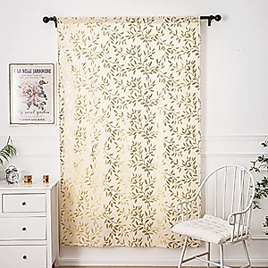 Deeprove Velvet Curtain 63 Inch Length, Glitter Metallic Sparkle Gold Leaves Bronzing Foil Print, Semi-Blackout Window Treatment Drape for Bedroom Xmas Decor Rod Pocket, 1 Panel W52 x L63, Cream White
