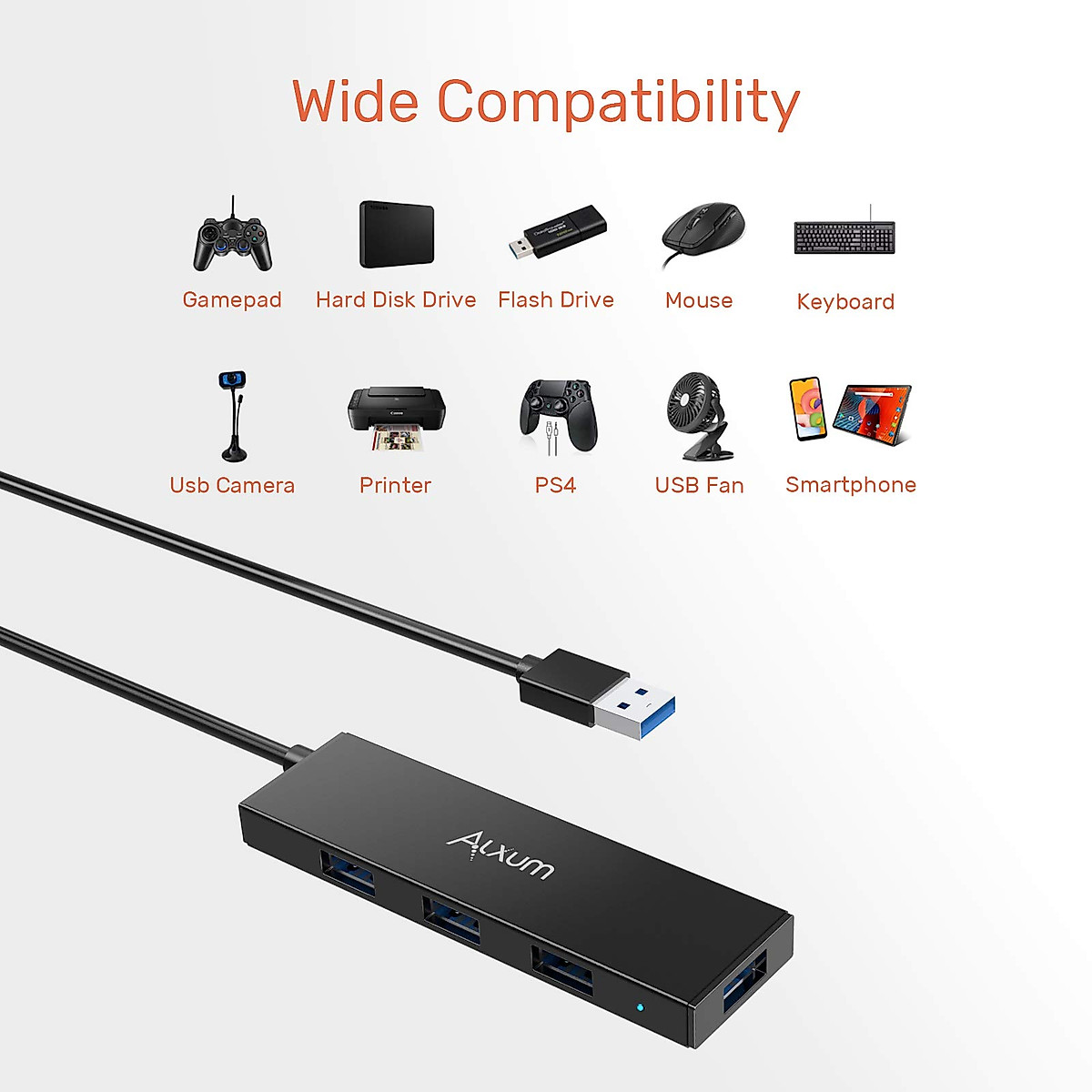 Case of 120, Alxum USB 3.0 Extension Hub 4-Port, USB Hub Long Cord 4ft with MicroB Power Port, USB Data Hub for Desktop PC, MacBook, Surface Pro, XPS, Flash Drive, Mobile HDD, Printer -Black