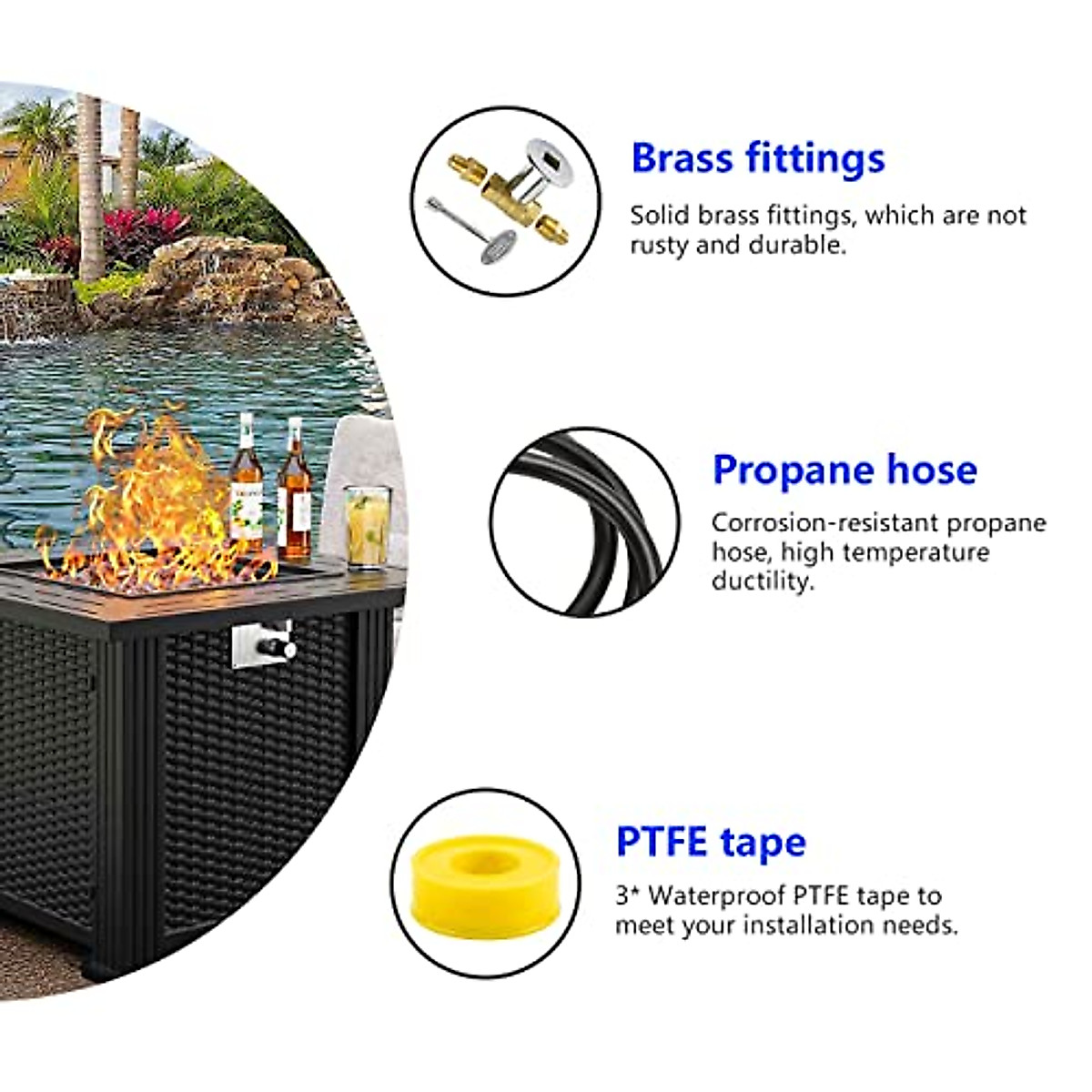 5FT Fire Pit Installation Kit of Replacement Parts, Propane Gas Connector with 1/2" Chrome Key Control Valve, 150K BTU Connection Hose