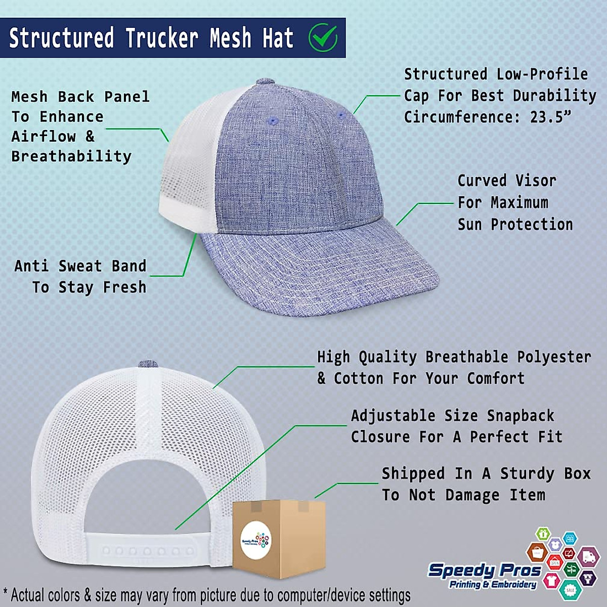 Mesh Trucker Hat Baseball Cap Custom Personalized Text Cotton Dad Hats for Men & Women Snapback Heather Light Blue One Size
