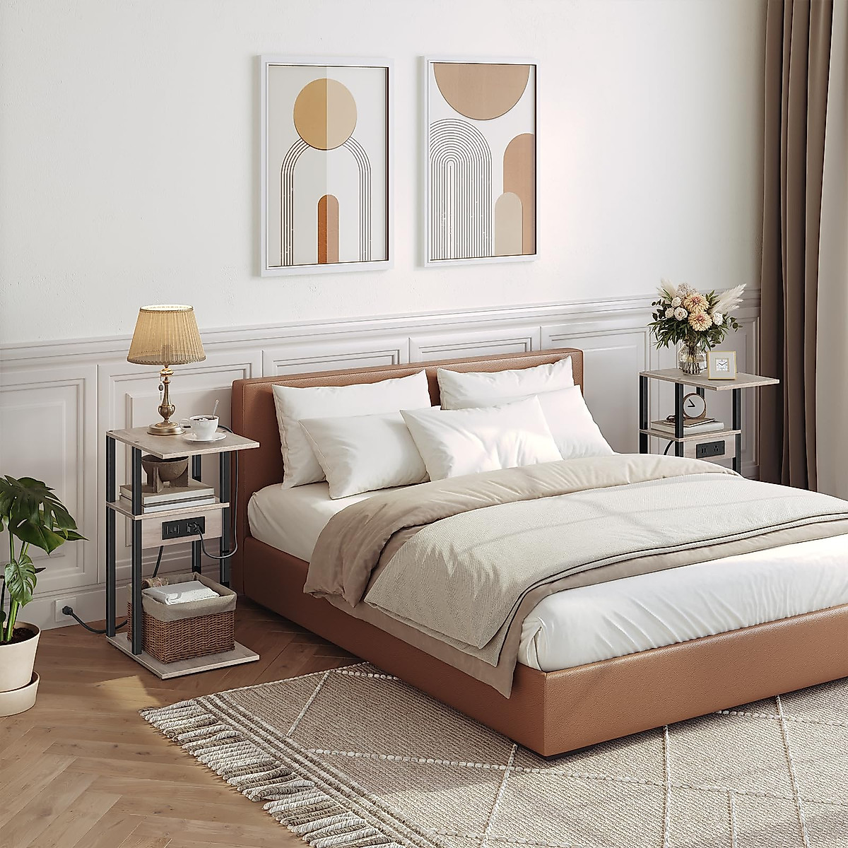 HOOBRO C Shaped End Table with Charging Station, Small Side Table with 2 USB Ports and Outlets, TV Tray Table, Couch Table for Small Spaces, Living Room, Bedroom, Greige and Black BG62USF01