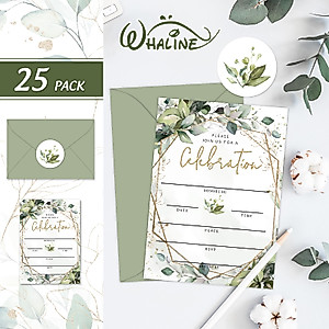 Whaline 25 Sets Greenery Invitations with Envelopes Stickers Watercolor Eucalyptus Leaves Invitation Cards Green Leaves Blank Invites for Wedding Bridal Baby Shower Birthday, 5 x 7 Inch