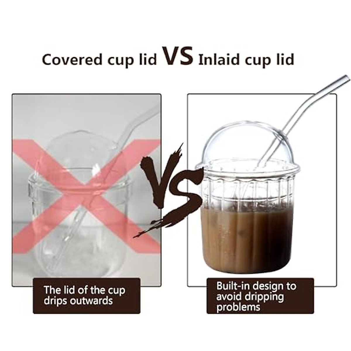 Glass Cups with Glass Dome Lid and Straws,Reusable Wide Mouth Smoothie Cups 14oz Glass Coffee Iced Cup Tumbler Glass Bubble Tea Cup for Coke Soda Home Office Bar