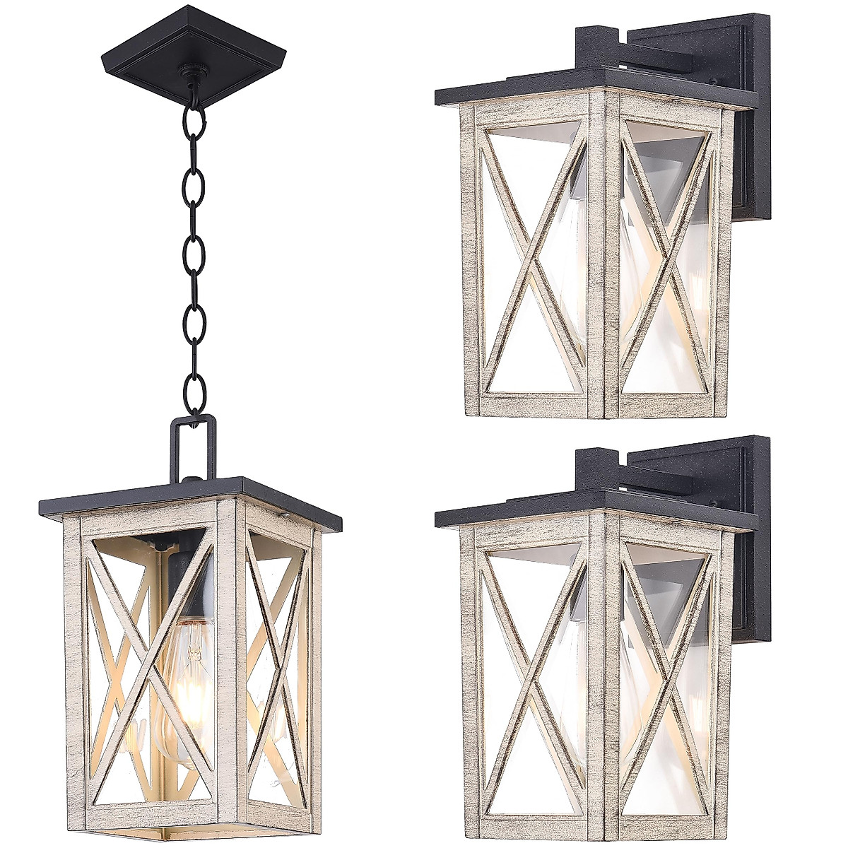 Outdoor Pendant Light Exterior Hanging Lantern Porch Pendant Lights, Light Wood Grain with Glass 1-Light Lamp for for Porch, Patio, Entryway