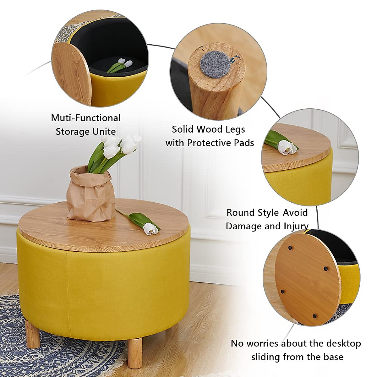 Simple&Opulence Modern Round Storage Coffee Table Ottoman for Living Room Bedroom, Accent Drum Side Table, Nightstand, Footstool, Sofa End Table with Wood Lid Tray and Solid Wood Legs (Yellow)