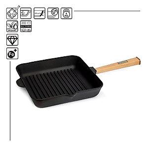 STP GOODS Cast Iron Grill Pan with Removable Wooden Handle 10.2" Kitchen Cooking Pan 2.74 Qt Square Cast Iron Skillet, Camping Pan for Indoor and Outdoor Cooking, Induction Safe, Black