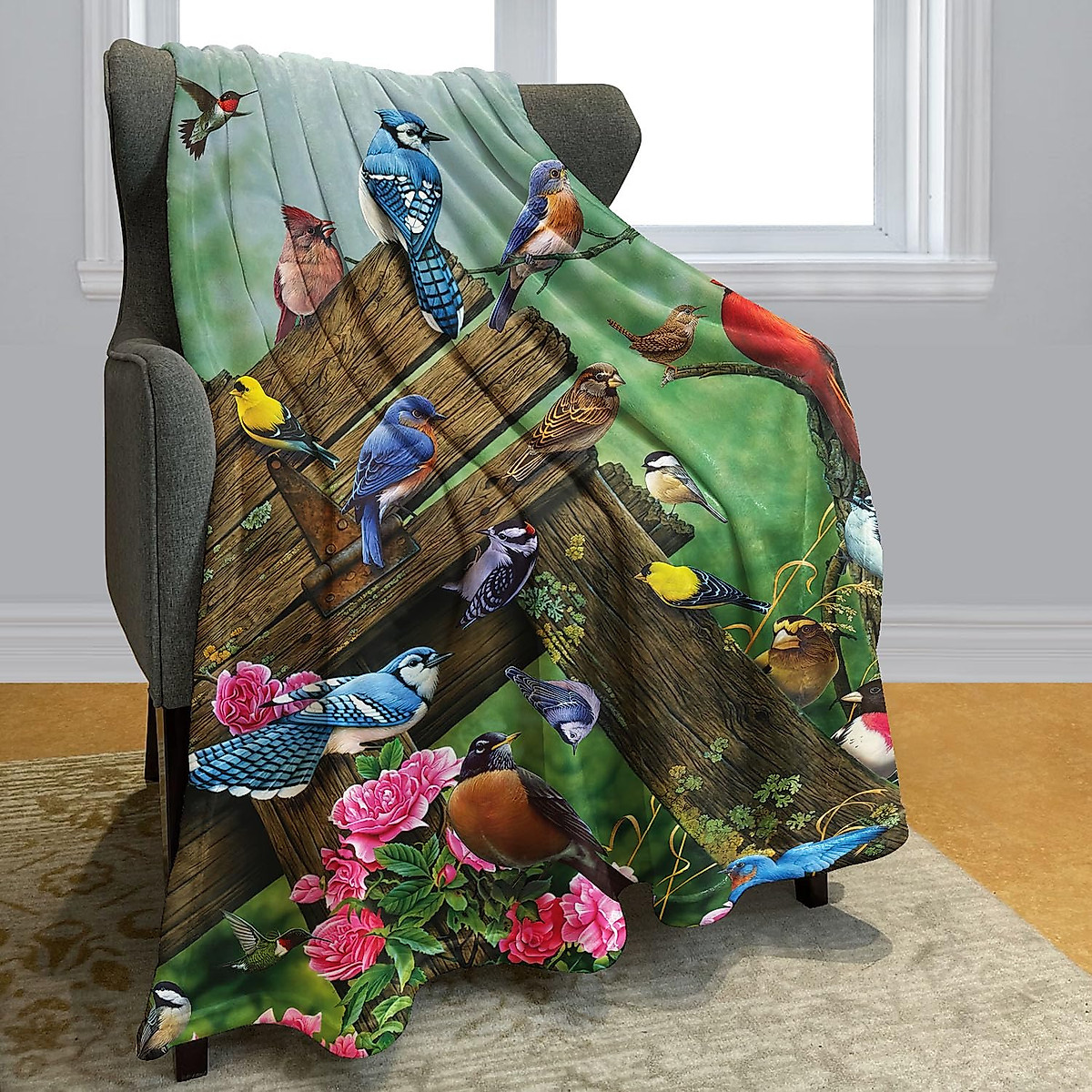 KLRIGR Soft Cozy Fleece Throw Blanket for Couch, Birds and Flowers, 50X60 Inches