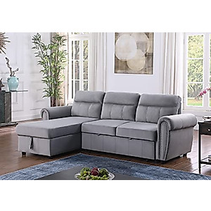 ERYE L-Shaped Oversized Reversible Convertible Tufted Sleeper Sectional Sofa with Pull Out Sleeper Couch Bed,Nailhead Decor Armrests and Storage Chaise for Living Room, Grey Velvet Sofabed