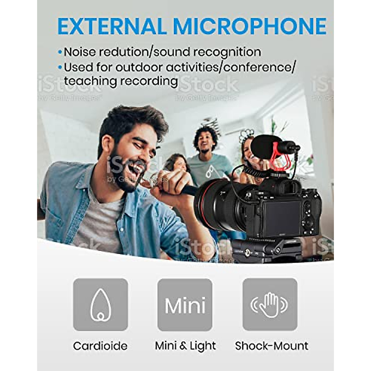 Moukey MCM-1 Video Microphone, Camera Microphone with Shock Mount, Windshield, Professional Vlogging Kit for iPhone, Android Smartphone, DSLR Camera & Camcorder, Battery-Free Shotgun Mic