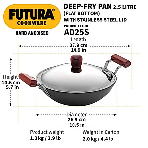 Futura L23 Hawkins Hard Anodised Deep Fry Pan/Kadhai with Flat Bottom and Steel Lid, 2.5 Liter, Small, Black