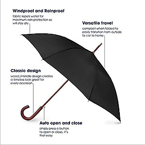 totes Auto Open Wooden Handle J Stick Umbrella, Black