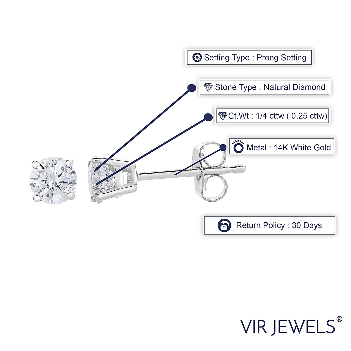 Vir Jewels 1/4 cttw Diamond Stud Earrings 14K White Gold Push Backs Round 4 Prong Basket