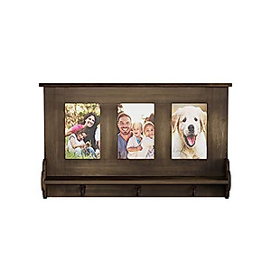 Lavish Home Rustic Wood Look, Wall Shelf Collage with Ledge and 3 Hanging Hooks-Photo Frame Décor Shelving, Holds 4x6 Pictures, 19” x 3.5” x 11.5