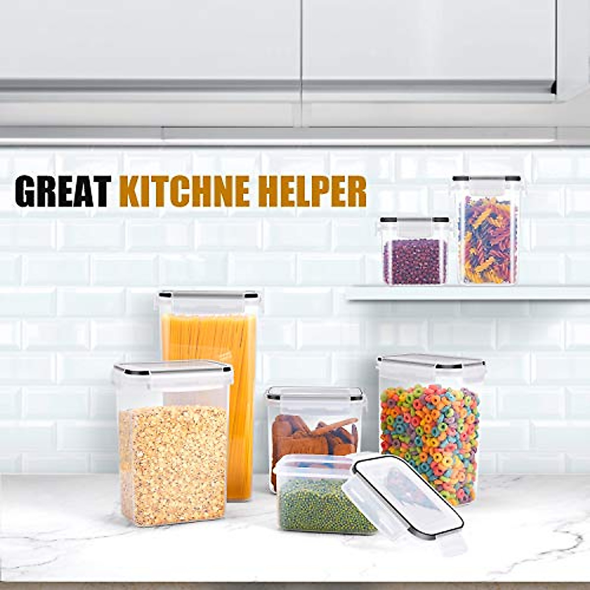 BINLAN Food Storage Containers - [7 Piece] Airtight Food Storage Containers - Large Kitchen Pantry Storage Container Set - Dispenser Keepers with 20 Labels & Pen - Black