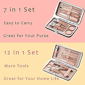 Pink Manicure Set Beauty Tool Portable - Nail Clipper Pedicure Grooming Kit Stainless Steel 7 in 1 Luxury Leather Travel Case, for Woman Girl Home Travel Gift Giving