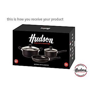 HUDSON Pots and pans Set Nonstick Black Cookware Sets, 5 pcs Set w/Frying Pan, Pot & Saucepan, Dishwasher Safe