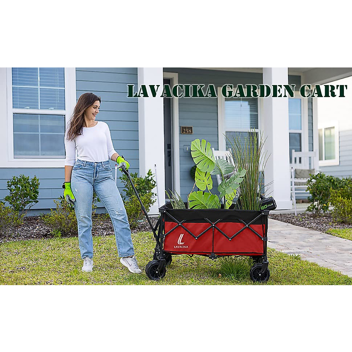 Lavacika Folding Utility Wagon Garden Carts with Wheels Heavy Duty Wagon Shopping Cart for Beach Sports Outdoor Camping Fishing BBQ (Red)